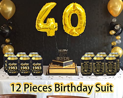 BdayPtion 40th Birthday Decorations for Men Women, 40th Party Decorations, 40 Year Old Bday Party Supplies, Forty Birthday Present, Black and Gold Pack of 12 Can Cooler Sleeves