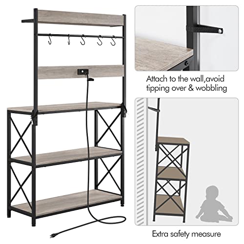 Yaheetech Kitchen Bakers Rack with Power Outlet, 36.5" W Microwave Oven Stand Kitchen Storage Rack with Hooks for Dining Room, Kitchen Organizer Shelves for Spices, Pots and Pans, Gray