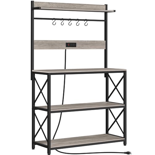 Yaheetech Kitchen Bakers Rack with Power Outlet, 36.5" W Microwave Oven Stand Kitchen Storage Rack with Hooks for Dining Room, Kitchen Organizer Shelves for Spices, Pots and Pans, Gray