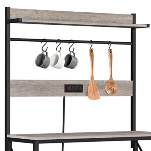 Yaheetech Kitchen Bakers Rack with Power Outlet, 36.5" W Microwave Oven Stand Kitchen Storage Rack with Hooks for Dining Room, Kitchen Organizer Shelves for Spices, Pots and Pans, Gray