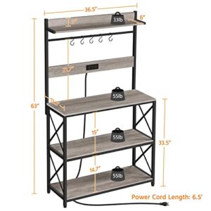 Yaheetech Kitchen Bakers Rack with Power Outlet, 36.5" W Microwave Oven Stand Kitchen Storage Rack with Hooks for Dining Room, Kitchen Organizer Shelves for Spices, Pots and Pans, Gray