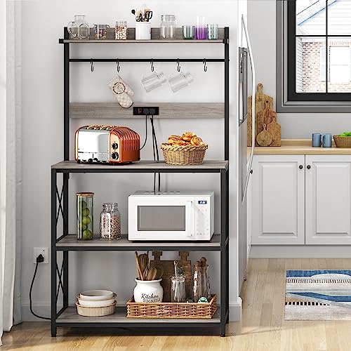 Yaheetech Kitchen Bakers Rack with Power Outlet, 36.5" W Microwave Oven Stand Kitchen Storage Rack with Hooks for Dining Room, Kitchen Organizer Shelves for Spices, Pots and Pans, Gray