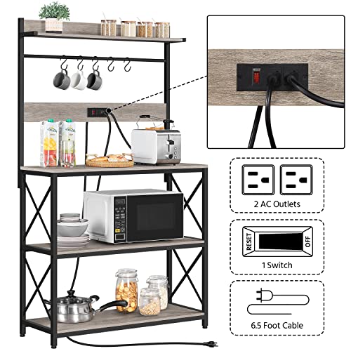 Yaheetech Kitchen Bakers Rack with Power Outlet, 36.5" W Microwave Oven Stand Kitchen Storage Rack with Hooks for Dining Room, Kitchen Organizer Shelves for Spices, Pots and Pans, Gray