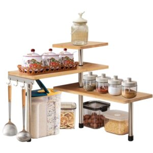 hombour corner shelf kitchen countertop organizer, 3 tier bamboo spice rack over sink storage with hooks, display shelves desktop space saver for kitchen, bathroom, living room, office