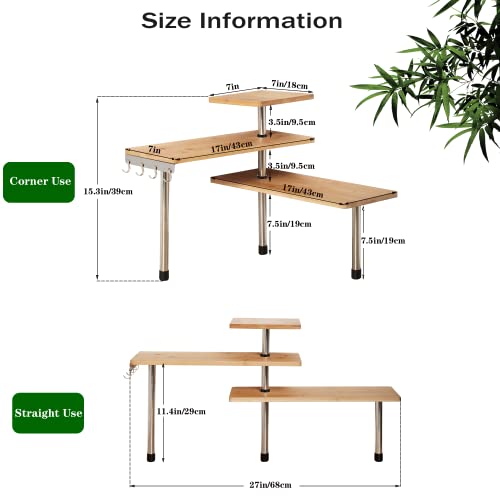 HOMBOUR Corner Shelf Kitchen Countertop Organizer, 3 Tier Bamboo Spice Rack Over Sink Storage with Hooks, Display Shelves Desktop Space Saver for Kitchen, Bathroom, Living Room, Office