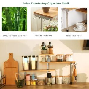 HOMBOUR Corner Shelf Kitchen Countertop Organizer, 3 Tier Bamboo Spice Rack Over Sink Storage with Hooks, Display Shelves Desktop Space Saver for Kitchen, Bathroom, Living Room, Office