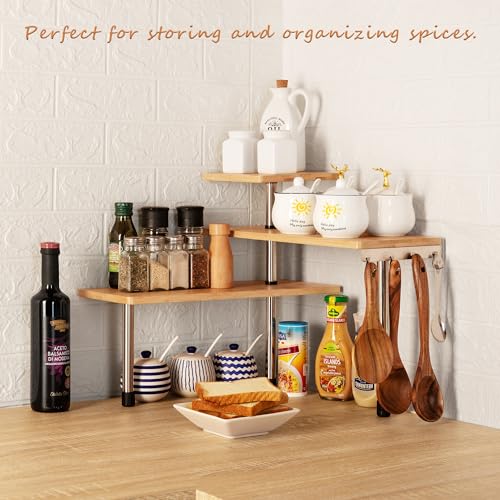 HOMBOUR Corner Shelf Kitchen Countertop Organizer, 3 Tier Bamboo Spice Rack Over Sink Storage with Hooks, Display Shelves Desktop Space Saver for Kitchen, Bathroom, Living Room, Office