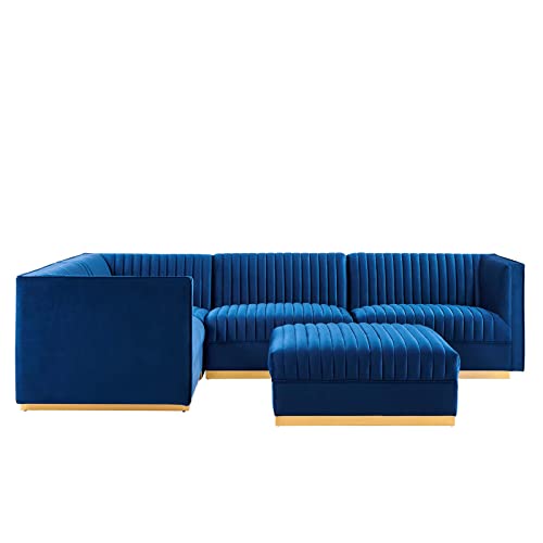 Modway Sanguine Channel Tufted Performance Velvet Modular Sectional, 5-Piece Left-Facing Sofa, Navy