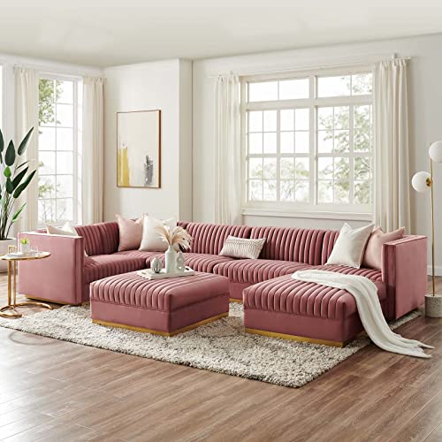 Modway Sanguine Channel Tufted Performance Velvet Modular Sectional, 7-Piece Left-Facing Sofa, Dusty Rose