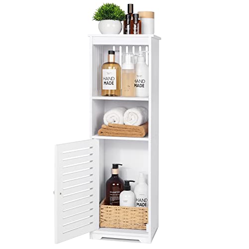 White Bathroom Floor Cabinet, Multi-Purpose Storage Cabinet Unit,Free Standing Bathroom Furniture Cabinet with 1door and 3 Tier Shelf for Living Room,Bedroom,Kitchen,Hallway