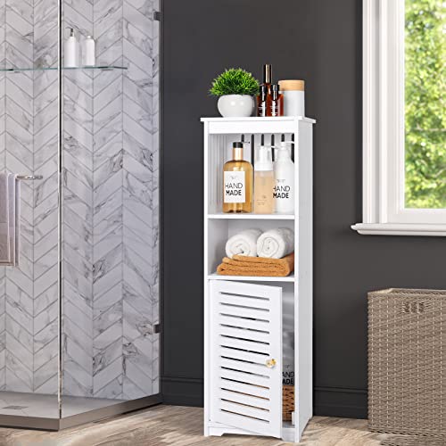 White Bathroom Floor Cabinet, Multi-Purpose Storage Cabinet Unit,Free Standing Bathroom Furniture Cabinet with 1door and 3 Tier Shelf for Living Room,Bedroom,Kitchen,Hallway