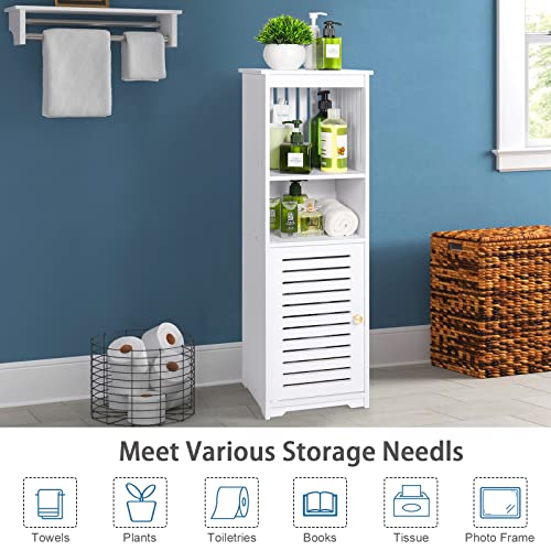 White Bathroom Floor Cabinet, Multi-Purpose Storage Cabinet Unit,Free Standing Bathroom Furniture Cabinet with 1door and 3 Tier Shelf for Living Room,Bedroom,Kitchen,Hallway