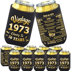 bdayption 50th birthday decorations for men women, 50th party decorations, 50 year old bday party supplies, fifty birthday present, black and gold pack of 12 can cooler sleeves