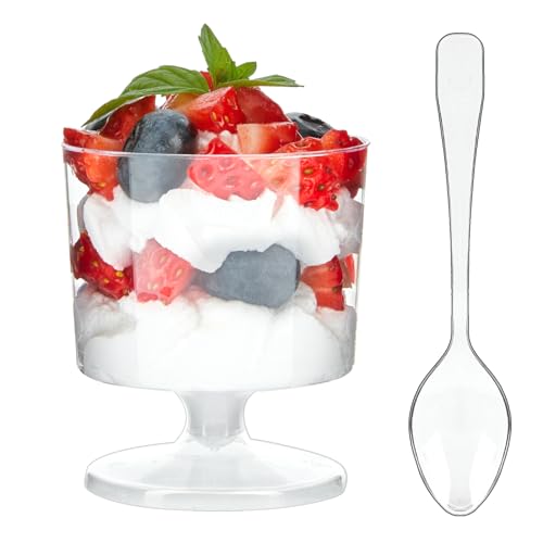 Zezzxu 100 Pack 2 oz Mini Dessert Cups with Spoons, Disposable Appetizer Cups Mousse Cups Small Plastic Wine Glasses for for Serving Individual Pudding Shots, Cocktail, Trifle