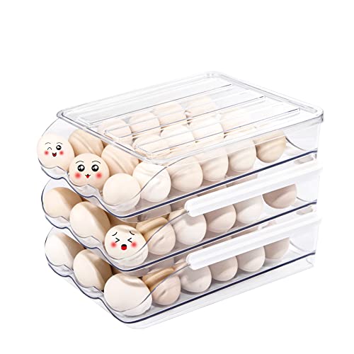 Rubtlamp Clear Egg Holder for Refrigerator，Plastic Rolling Egg Storage Container for Fridge with Lid，3 Drawers Stackable Egg Fresh Storage Box，54 Capacity Egg Storage Bin for Kitchen