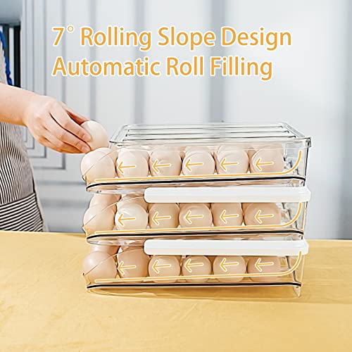 Rubtlamp Clear Egg Holder for Refrigerator，Plastic Rolling Egg Storage Container for Fridge with Lid，3 Drawers Stackable Egg Fresh Storage Box，54 Capacity Egg Storage Bin for Kitchen