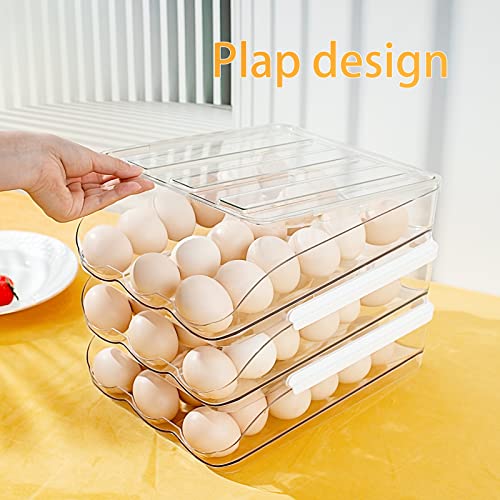 Rubtlamp Clear Egg Holder for Refrigerator，Plastic Rolling Egg Storage Container for Fridge with Lid，3 Drawers Stackable Egg Fresh Storage Box，54 Capacity Egg Storage Bin for Kitchen