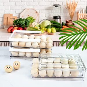 Rubtlamp Clear Egg Holder for Refrigerator，Plastic Rolling Egg Storage Container for Fridge with Lid，3 Drawers Stackable Egg Fresh Storage Box，54 Capacity Egg Storage Bin for Kitchen