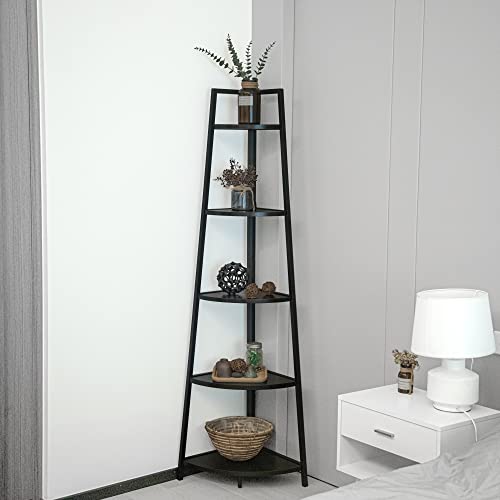 Acllkswx 70 inch Rustic Corner Shelf 5 Tier Tall Corner Bookshelf Bookcase Plant Stand for Living Room, Kitchen, Home Office (Black)