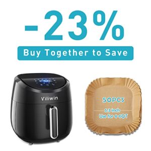 viliwin air fryer 4.5 qt 8 preset menus airfryer with auto shut off 30 minute timer adjustable and air fryer paper liners 50pcs disposable square parchment liner 6.3 inch for 4-6 qt air fryers