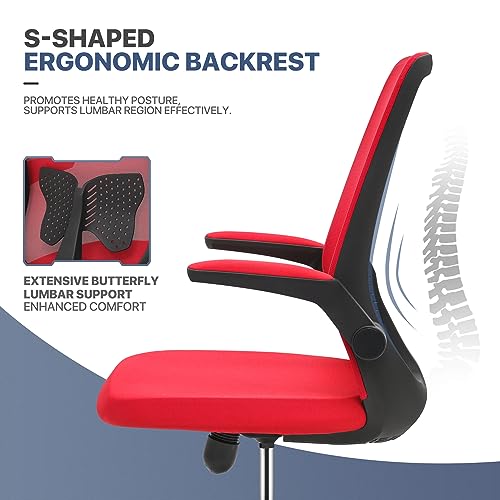 MoNiBloom Ergonomic Desk Chair Lumbar Support, Comfy Swivel Task Chair Adjustable Height Breathable Mesh Study Chair with Flip-up Arms 360 Swivel Office Chair for Adult Teen 250 LBS Capacity, Red