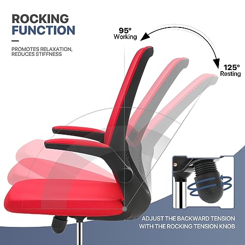 MoNiBloom Ergonomic Desk Chair Lumbar Support, Comfy Swivel Task Chair Adjustable Height Breathable Mesh Study Chair with Flip-up Arms 360 Swivel Office Chair for Adult Teen 250 LBS Capacity, Red