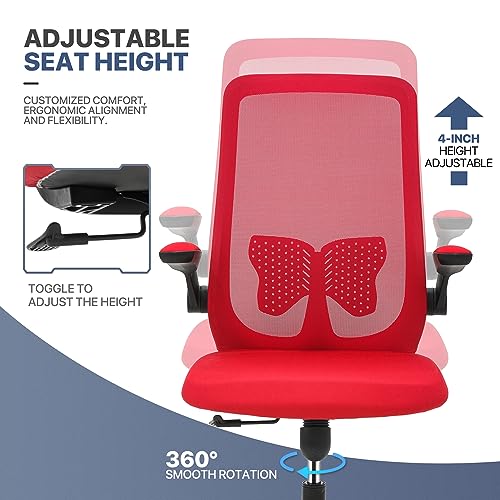 MoNiBloom Ergonomic Desk Chair Lumbar Support, Comfy Swivel Task Chair Adjustable Height Breathable Mesh Study Chair with Flip-up Arms 360 Swivel Office Chair for Adult Teen 250 LBS Capacity, Red