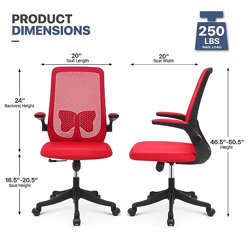 MoNiBloom Ergonomic Desk Chair Lumbar Support, Comfy Swivel Task Chair Adjustable Height Breathable Mesh Study Chair with Flip-up Arms 360 Swivel Office Chair for Adult Teen 250 LBS Capacity, Red