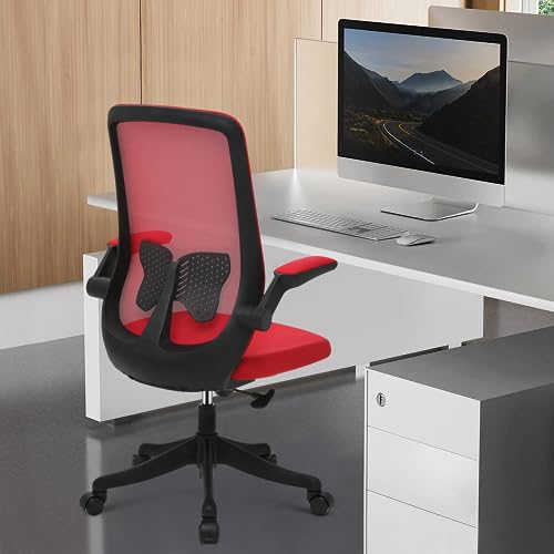 MoNiBloom Ergonomic Desk Chair Lumbar Support, Comfy Swivel Task Chair Adjustable Height Breathable Mesh Study Chair with Flip-up Arms 360 Swivel Office Chair for Adult Teen 250 LBS Capacity, Red