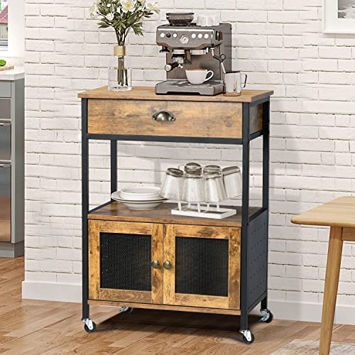 Coffee Bar Cabinet, Kitchen Buffet Cabinet with Storage, Buffet Storage Cabinet with Wheels, Sideboard Coffee Cart with Doors & Shelves, Industrial Coffee Bar Table with Drawer, Rustic Brown