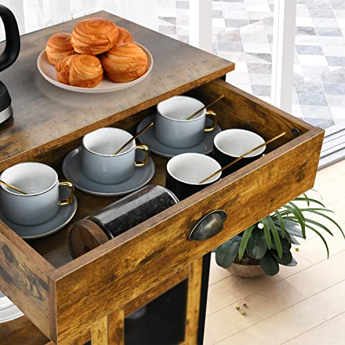 Coffee Bar Cabinet, Kitchen Buffet Cabinet with Storage, Buffet Storage Cabinet with Wheels, Sideboard Coffee Cart with Doors & Shelves, Industrial Coffee Bar Table with Drawer, Rustic Brown