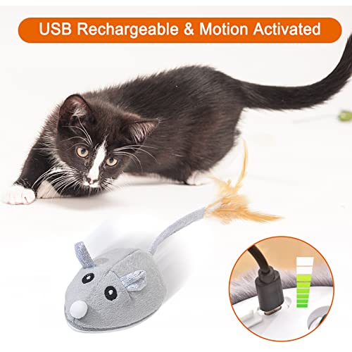 Interactive Cat Mouse Toy, Automatic Cat Toys with Feather Tail, Realistic Mouse Cat Toy Simulates Kitten Toys Self Play, Cat Toys Pet Exercise Toys with USB Charging