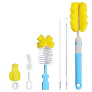 jenbode bottle brush 6 pack cup cleaner sponge brush set detachable long handle bottle cleaner set baby nipple brushes, straw brushes (blue)