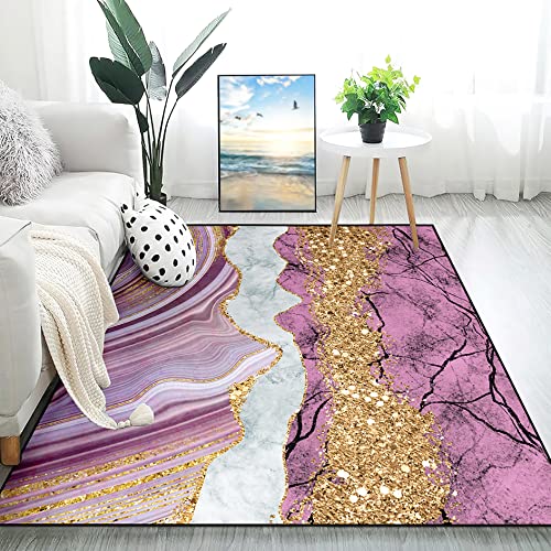 Jiospet Marble Rug Soft Marble Rugs for Living Room Gold Area Rug for Bedroom Aesthetic Rugs for Bedroom Living Room Space Decoration, (Pink, 4'×5')