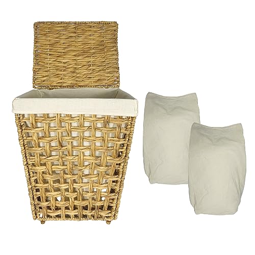 Natural V-Shape Foldable Storage Basket with 2 cotton Fitted Bags, 4 Legs, 2 Side Handles, Attached Lid, Made in Vietnam, 23 inch x 13.5 inch x 18 inch