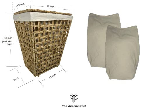 Natural V-Shape Foldable Storage Basket with 2 cotton Fitted Bags, 4 Legs, 2 Side Handles, Attached Lid, Made in Vietnam, 23 inch x 13.5 inch x 18 inch