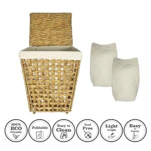 Natural V-Shape Foldable Storage Basket with 2 cotton Fitted Bags, 4 Legs, 2 Side Handles, Attached Lid, Made in Vietnam, 23 inch x 13.5 inch x 18 inch