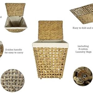 Natural V-Shape Foldable Storage Basket with 2 cotton Fitted Bags, 4 Legs, 2 Side Handles, Attached Lid, Made in Vietnam, 23 inch x 13.5 inch x 18 inch