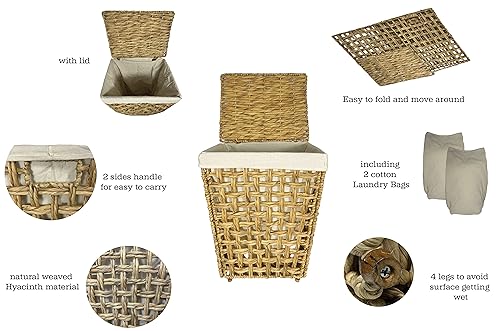 Natural V-Shape Foldable Storage Basket with 2 cotton Fitted Bags, 4 Legs, 2 Side Handles, Attached Lid, Made in Vietnam, 23 inch x 13.5 inch x 18 inch