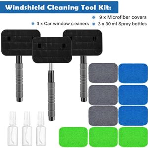 Riakrum 3 Sets Windshield Glass Cleaning Tools Auto Car Window Cleaning Tool with 9 Washable and Reusable Microfiber Pads, 3 Spray Bottle and Extendable Handle Auto Inside Glass Wiper Kit