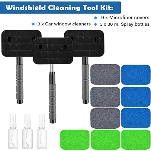 Riakrum 3 Sets Windshield Glass Cleaning Tools Auto Car Window Cleaning Tool with 9 Washable and Reusable Microfiber Pads, 3 Spray Bottle and Extendable Handle Auto Inside Glass Wiper Kit