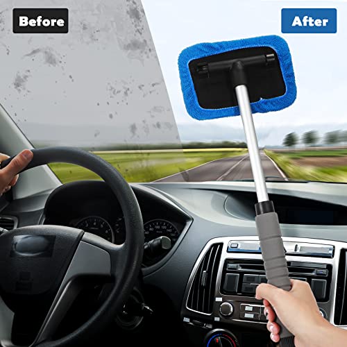 Riakrum 3 Sets Windshield Glass Cleaning Tools Auto Car Window Cleaning Tool with 9 Washable and Reusable Microfiber Pads, 3 Spray Bottle and Extendable Handle Auto Inside Glass Wiper Kit