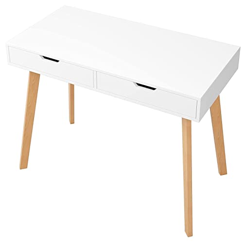 ITUSUT Modern Computer Desk with Drawers, Small White Writing Laptop Desk Makeup Table Vanity Desk with 2 Drawers & Natural Legs for Home Office