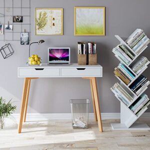 ITUSUT Modern Computer Desk with Drawers, Small White Writing Laptop Desk Makeup Table Vanity Desk with 2 Drawers & Natural Legs for Home Office