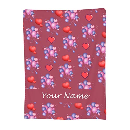 HJJKLLP Custom Throw Blanket with Your Name Text, Personalized Valentines Day Red Heart Fleece Blankets for Adult Kid Family Birthday Couple Father Mother Customized Gifts