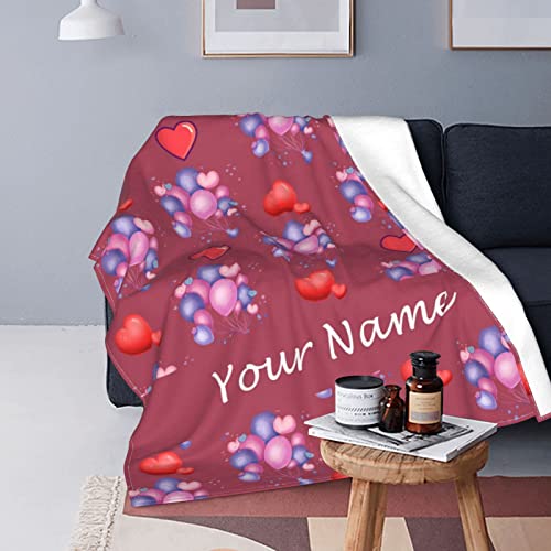 HJJKLLP Custom Throw Blanket with Your Name Text, Personalized Valentines Day Red Heart Fleece Blankets for Adult Kid Family Birthday Couple Father Mother Customized Gifts