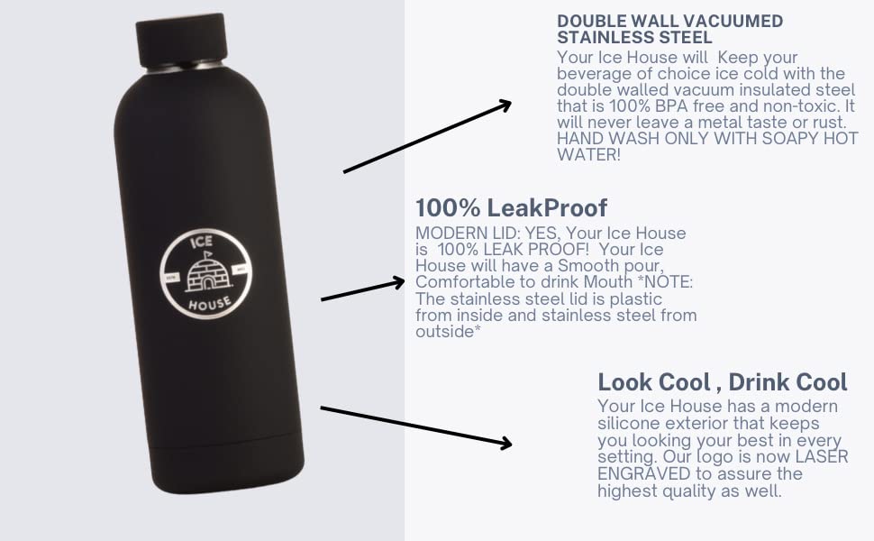 ICE HOUSE Sports Water Bottle - 18oz, Vacuum insulated stainless steel, Double walled,Cold 24Hrs, Hot 12hrs, Leak Proof, Sweat proof sport’s design (Black)