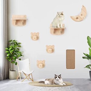 VENIBOBO Cat Hammock Wall Mounted Cat Shelves with Perches and Two Scratching Posts for Climbing Playing and Sleeping, Modern Indoor Wooden Cat Wall Furniture for Large Cats or Kitty 4pcs/Set