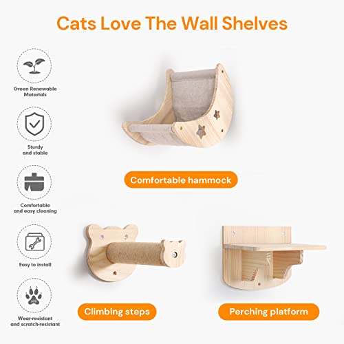 VENIBOBO Cat Hammock Wall Mounted Cat Shelves with Perches and Two Scratching Posts for Climbing Playing and Sleeping, Modern Indoor Wooden Cat Wall Furniture for Large Cats or Kitty 4pcs/Set