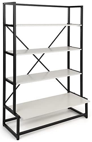 Displays2go Portable Shelving Display with 4 Tiers, Floor Standing, Paulownia Wood - White (SMPSU1SU)